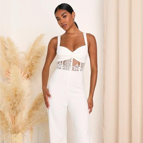 Lulus | Pants & Jumpsuits | Adore The Feeling White Sheer Lace Bustier Twistfront Jumpsuit ...